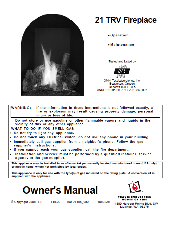 Travis 21 TRV Insert User Manual - Gas_21TRV-OWNER – WoodHeatStoves.com
